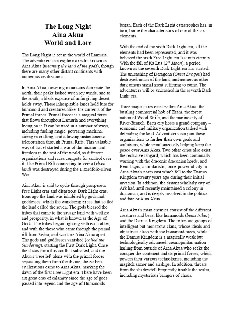 The Long Night: Aina Akua's Lore | PDF