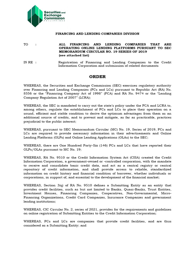 2023notices - 2023!07!06 - Order To Register With CIC Version | PDF | Loans | Credit