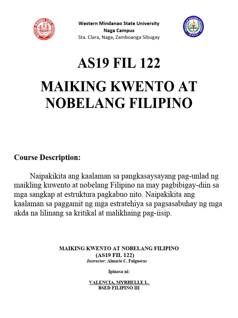 Maikling Kuwento at Nobelang Filipino As19 Fil 122 | PDF