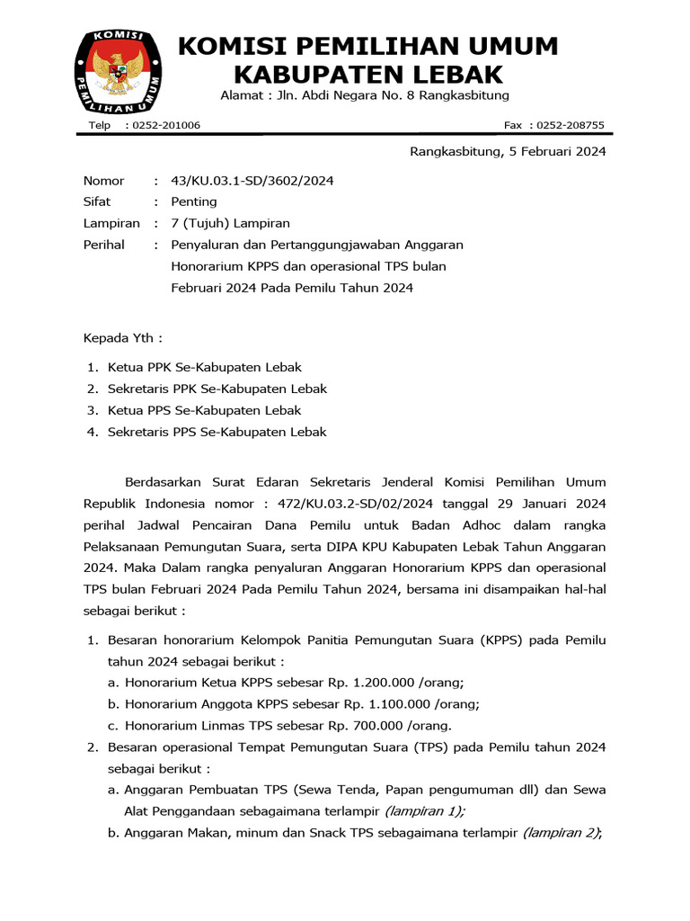 43 - Surat Edaran Sekretaris Kpu Lebak (Penyaluran Dana KPPS) | PDF