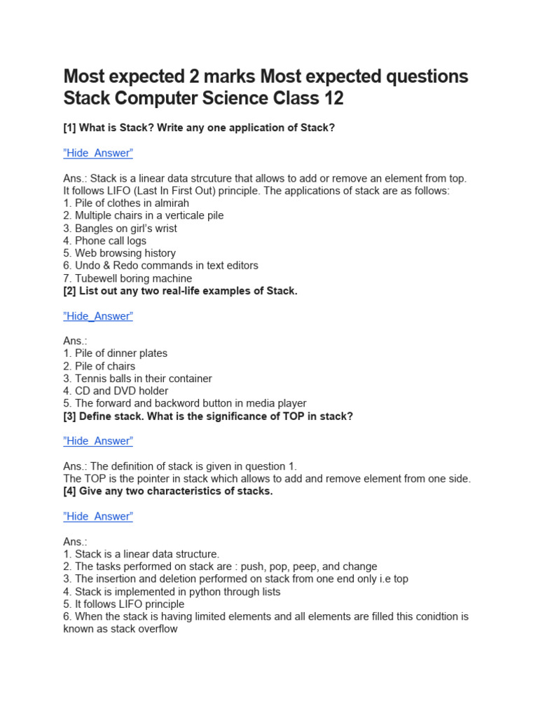 Most Expected 2 Marks Most Expected Questions Stack Computer Science Class 12 | Download Free ...