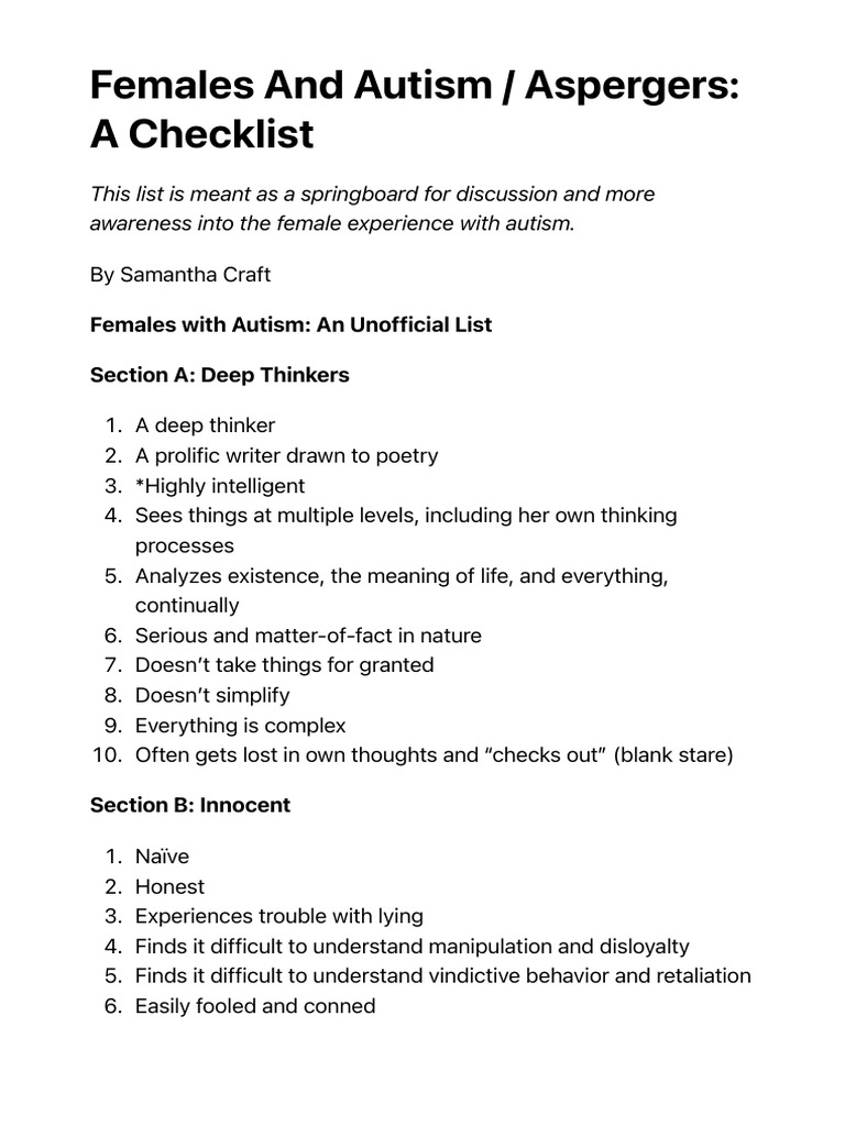 Samantha Craft's Unofficial Checklist - Females and Autism - Aspergers ...
