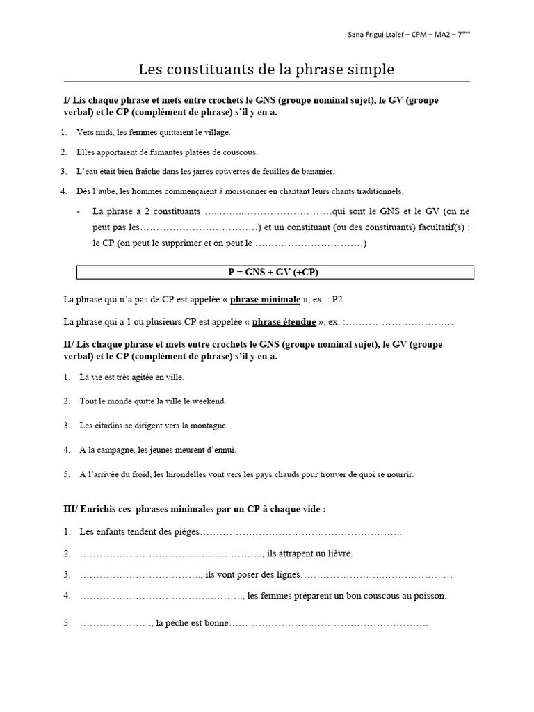 Constituants de la phrase simple en 7ème | PDF | Art