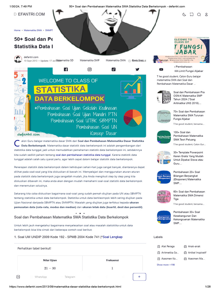 50+ Soal Dan Pembahasan Matematika SMA Statistika Data Berkelompok | PDF