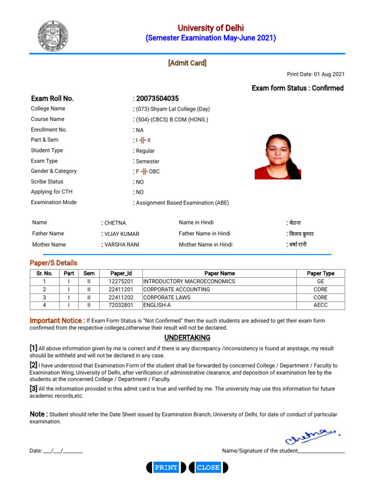 Delhi University Admit Card Details | PDF
