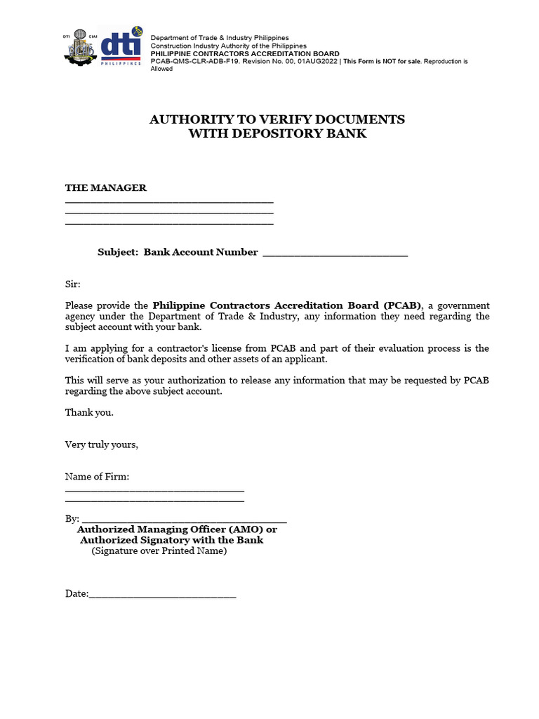 Authority To Verify Documents With The Depository Bank | PDF