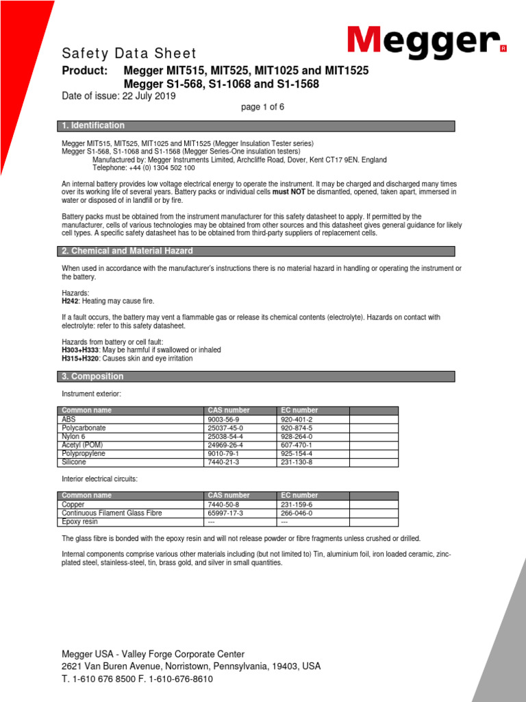 MSDS For Megohmmeter | PDF | Dangerous Goods | Lithium Ion Battery