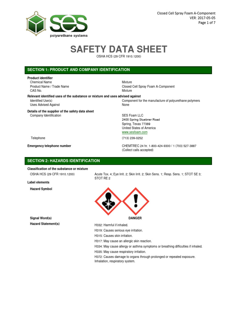 MSDS for Spray foam | PDF | Chemistry | Physical Sciences