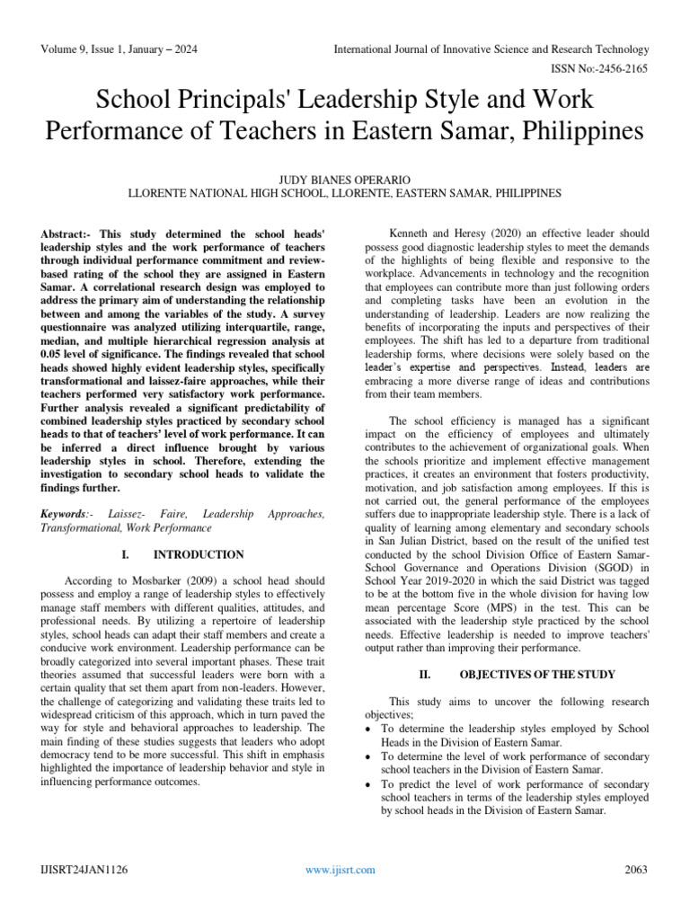 Leadership Styles and Teacher Performance | PDF