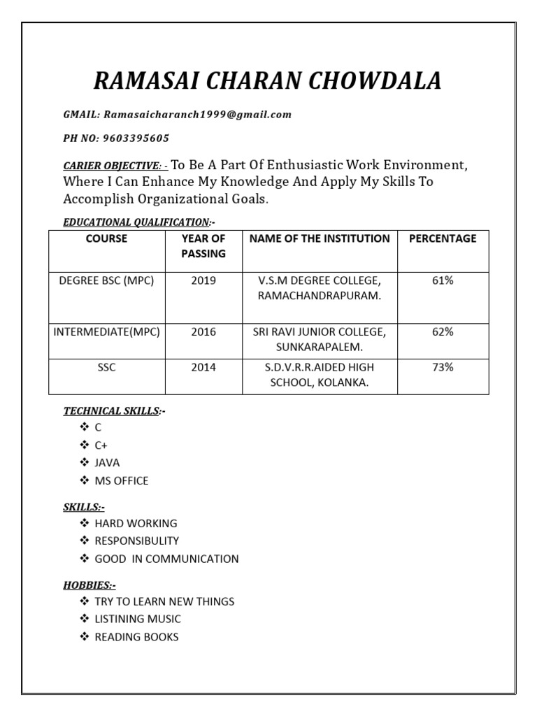 Resume of Ramasai Charan Chowdala | PDF | Career & Growth