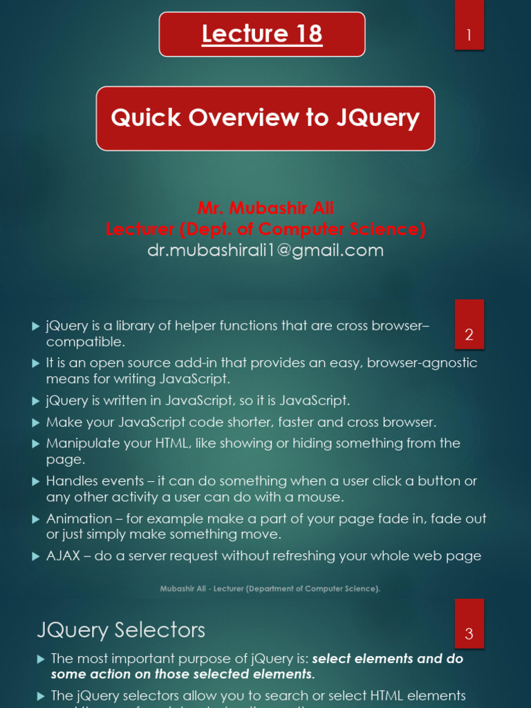 Lect 18 Quick Overview To JQuery | PDF | J Query | Internet