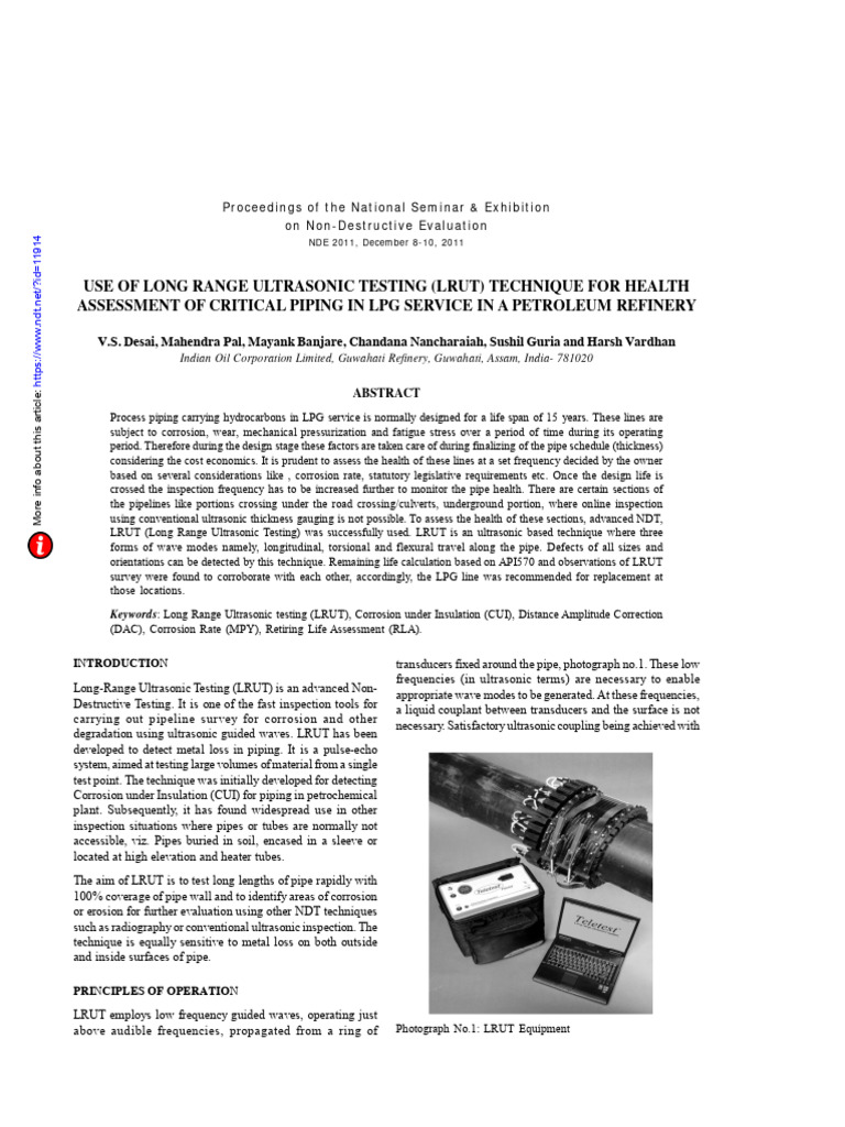 Use of Long Range Ultrasonic Testing (Lrut) Technique For Health ...