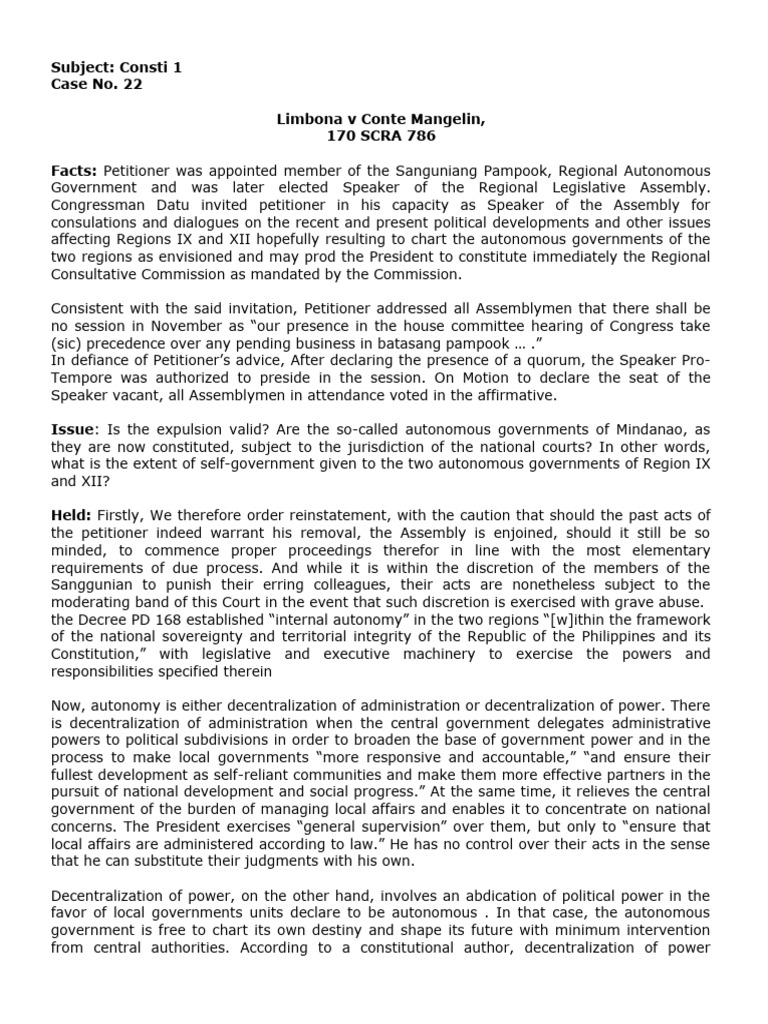 Limbona V Conte Mangelin, 170 SCRA 786 | PDF | Autonomy | United States ...