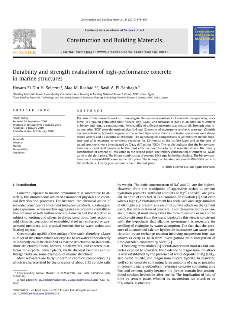 Durability And Strength Evaluation Of High Performance Concrete In Marine Structures Download