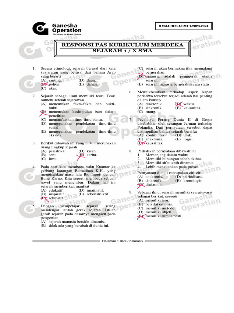 Responsi PAS Sejarah - (Set 1) 10 SMA (K.merdeka) | PDF | Ilmu Sosial