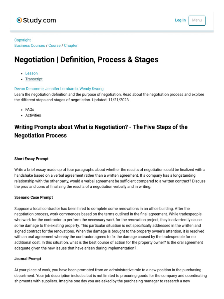 Negotiation _ Definition, Process & Stages - Video & Lesson Transcript _ Study.com | PDF ...