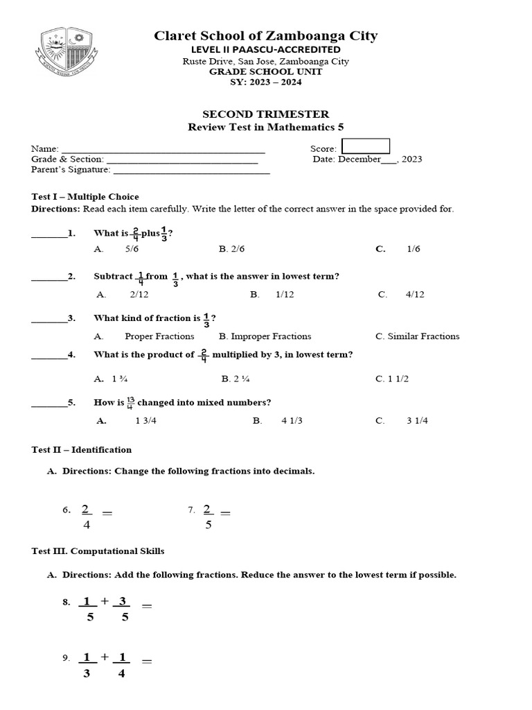 Review Test - Grade-5-Math | PDF | Division (Mathematics) | Numbers