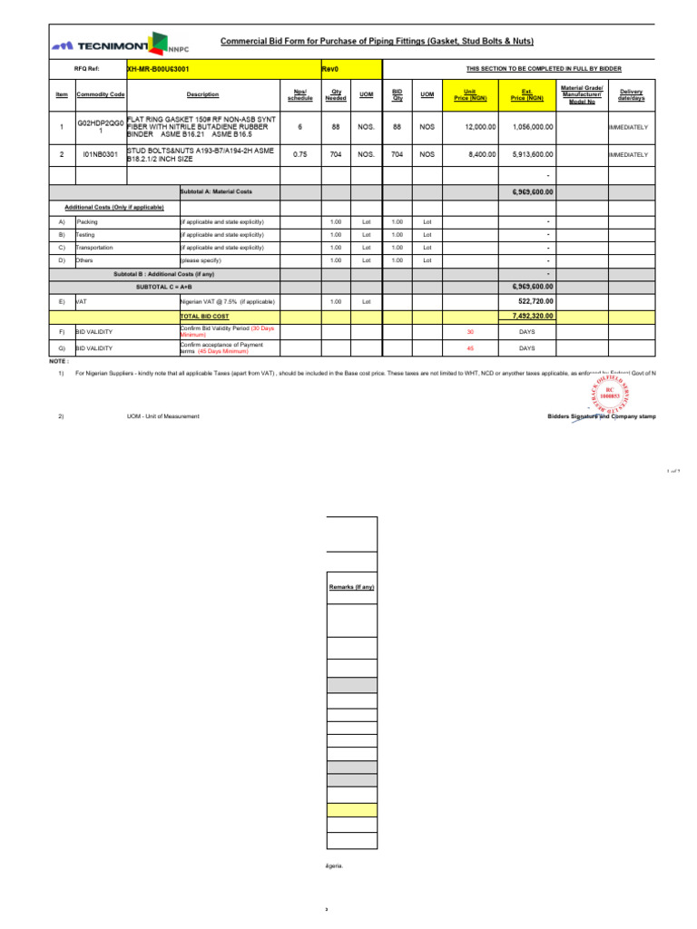 BESTRACK QUOTATION FOR Commercial Bid Form For XH-MR-B00U63001 ...