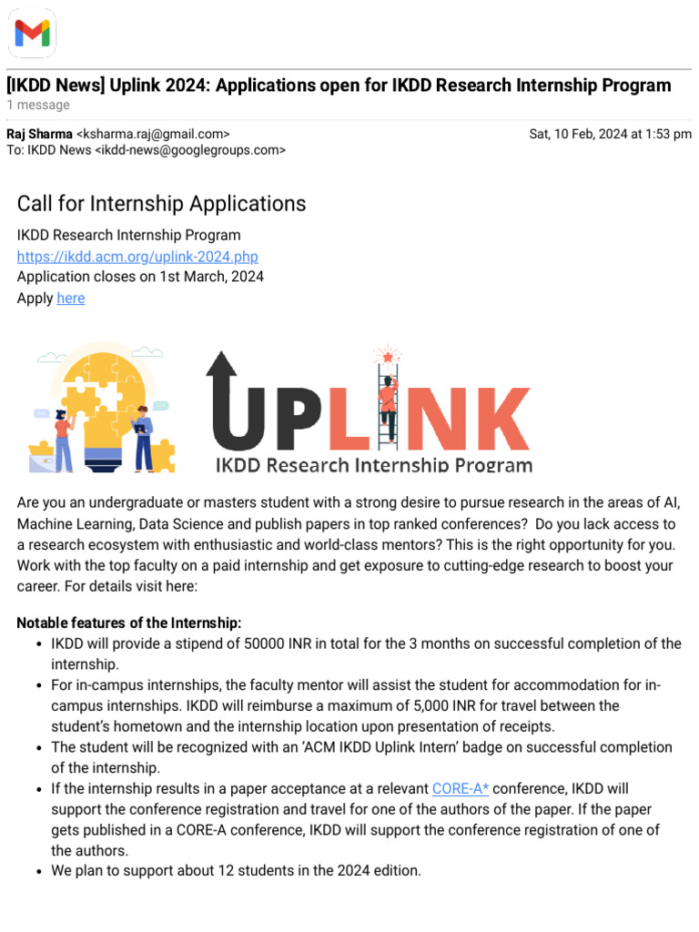 Gmail - (IKDD News) Uplink 2024 - Applications Open For IKDD Research Internship Program | PDF ...