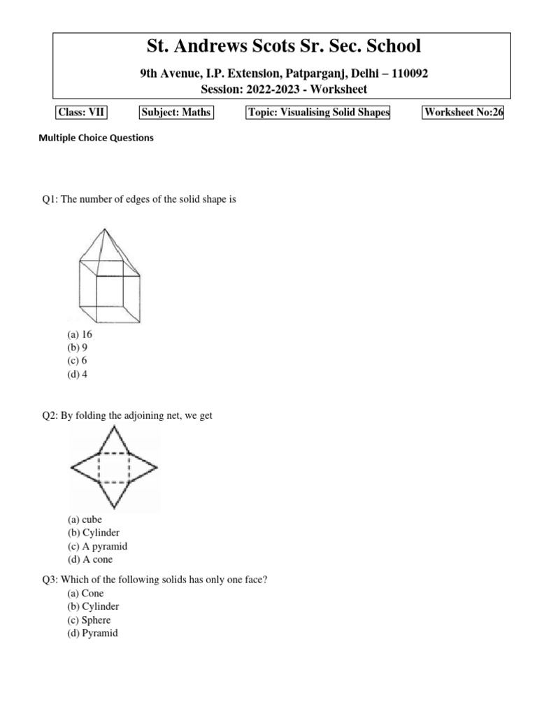 Class 7 Worksheet: Visualising Solid Shapes | PDF