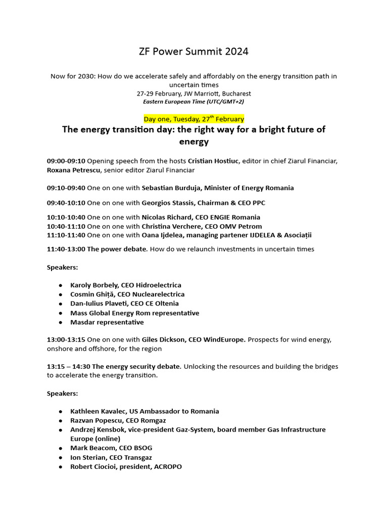 Agenda ZF Power Summit 2024 - TBC | PDF | Romania | Economies