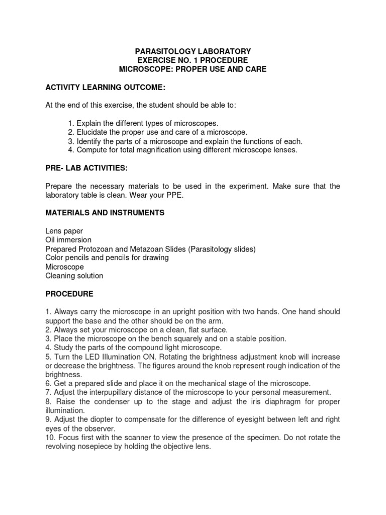 Exercise No. 1 - Microscope Procedure | PDF | Microscope | Lenses