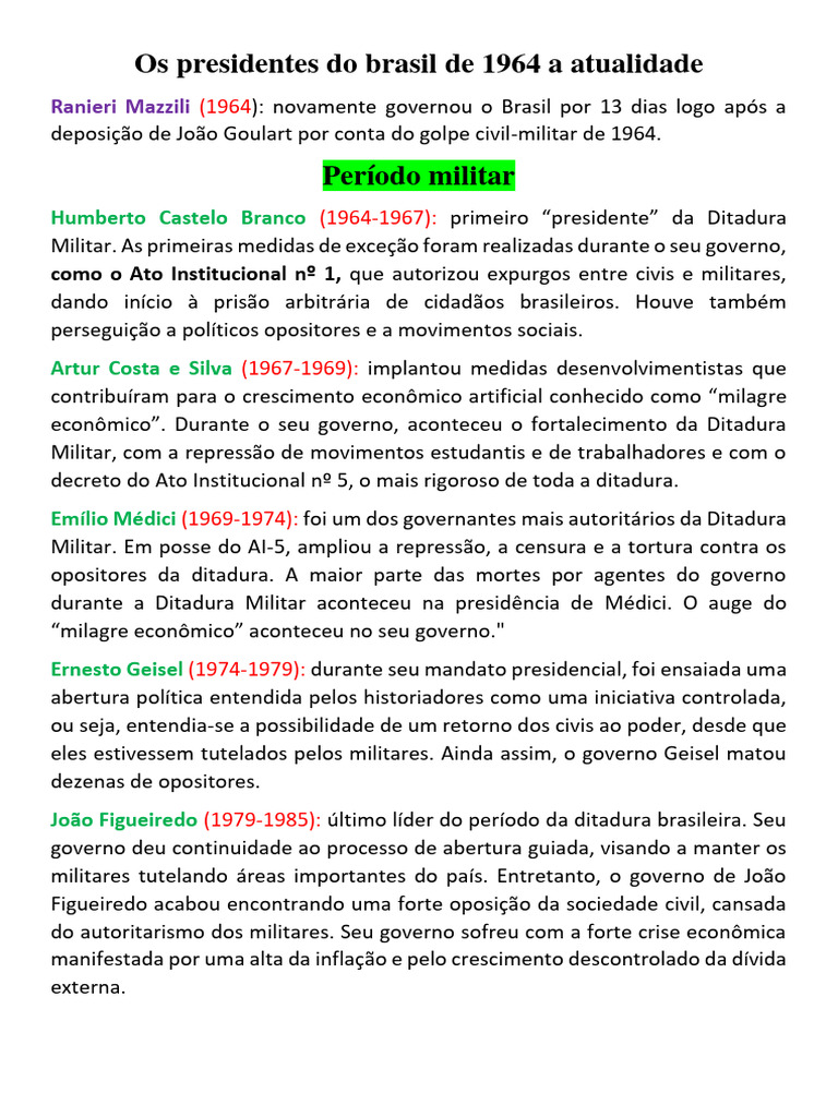 Os Presidentes Do Brasil de 1964 A Atualidade | PDF | Luiz Inácio Lula ...