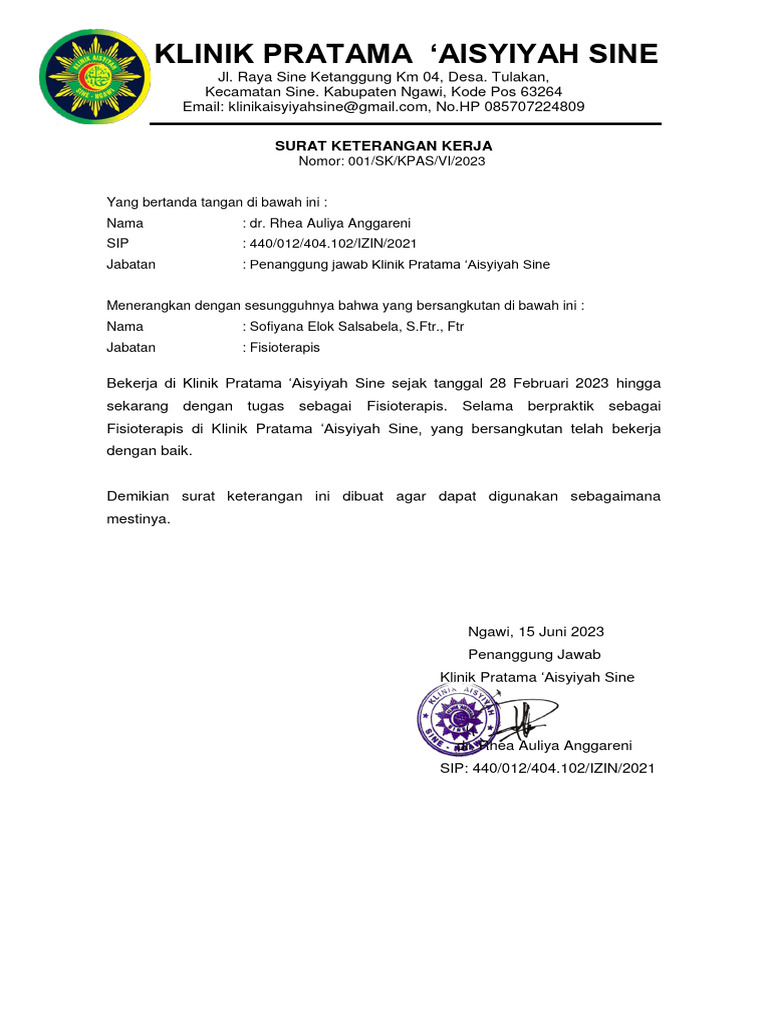 surat pengalaman kerja-Sofiya | PDF