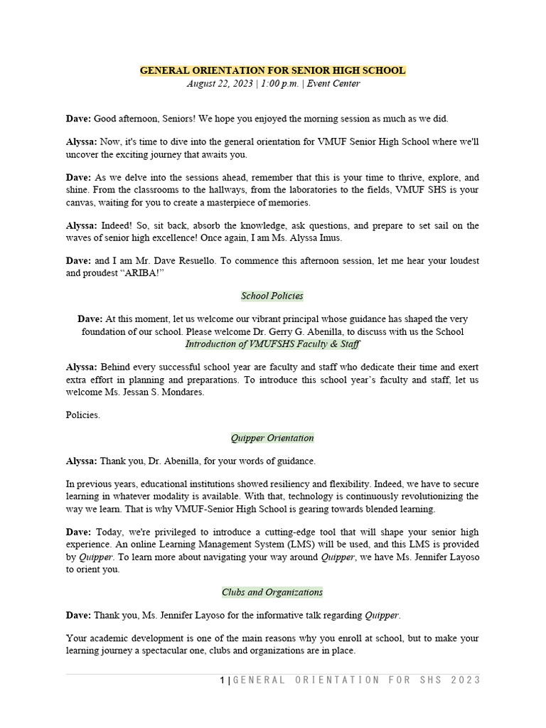 GENERAL ORIENTATION SCRIPT | PDF