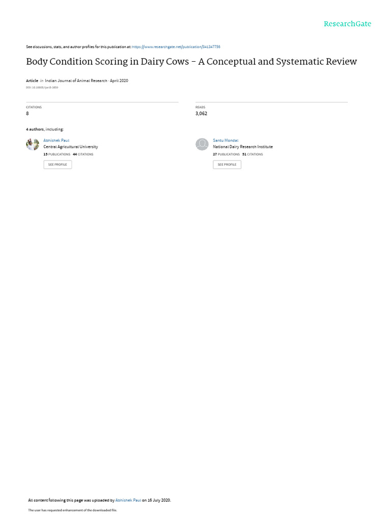 Body Condition Scoring in Dairy Cows - A Conceptua | PDF | Dairy ...