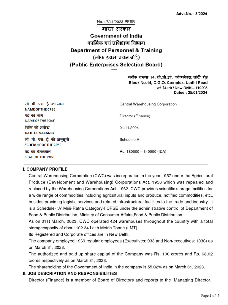 CWC Director (Finance) Recruitment 2024 | PDF | Warehouse | Accountant