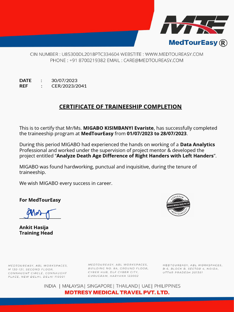 MedTourEasy Traineership Certificate | PDF