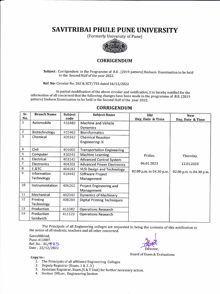 CORRIGENDUM FOR B.E.(2019 PATTERN) ENDSEM EXAM. TIMETABLE-NOV.DEC-2022_22122022 | PDF ...