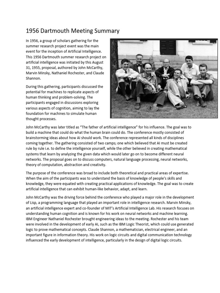 Dartmouth Conference: Birth of AI 1956 | PDF | Artificial Intelligence ...