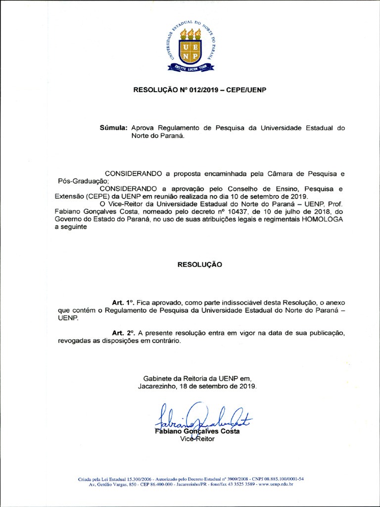 Propg Resolucao 12 2019 Regulamento Pesquisa | PDF