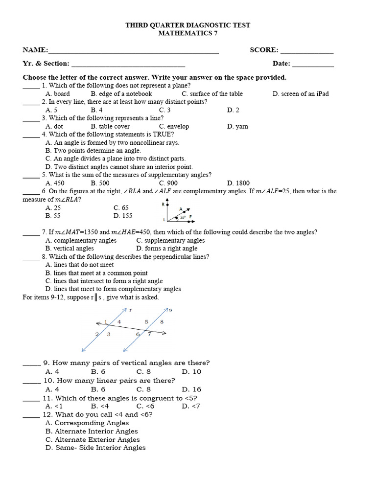 Grade 7 3rdq Diagnostic Test 2024 | PDF | Angle | Perpendicular