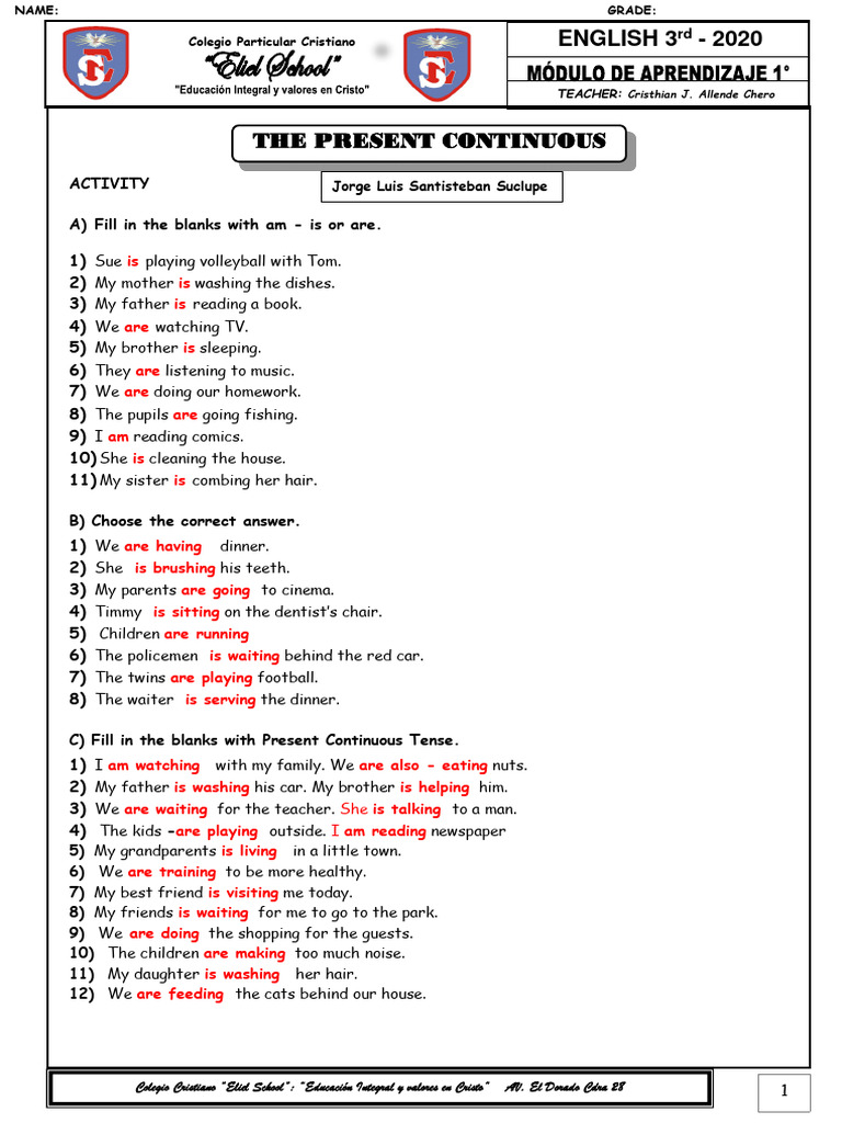 Present Continuous Homework 3rd Grade Pdf