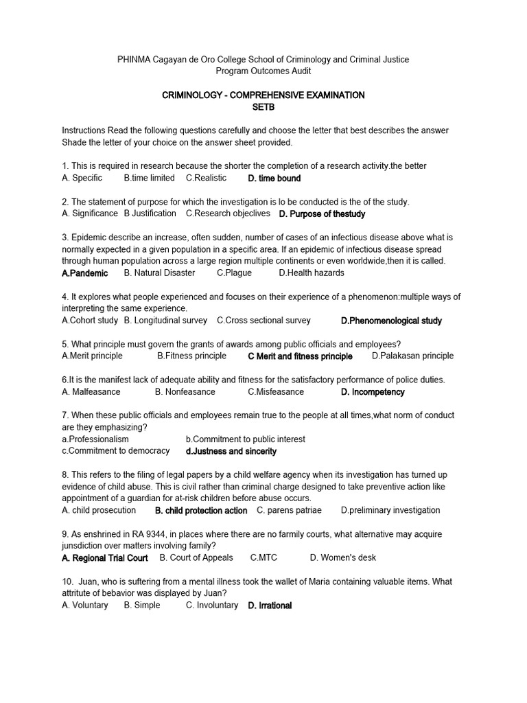 Criminology Comprehensive Examination Set B | PDF | Criminology ...