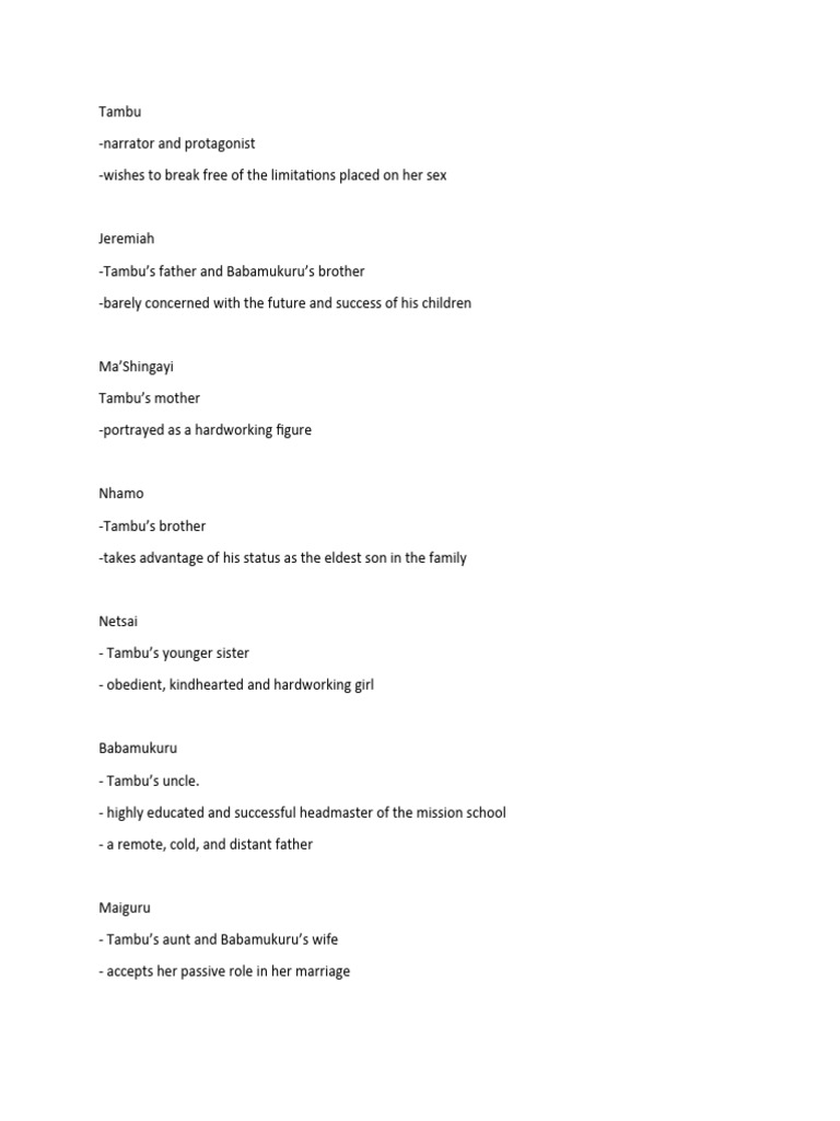 Characters of Nervous Conditions | PDF