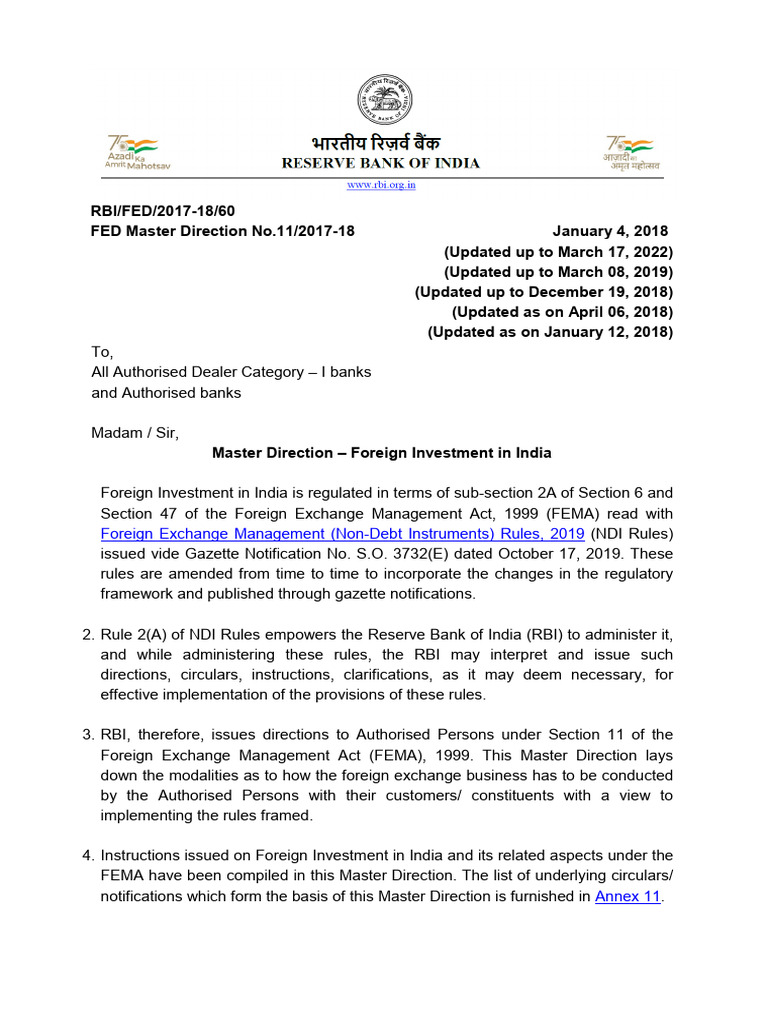 Master Direction on Foreign Investment in India | PDF