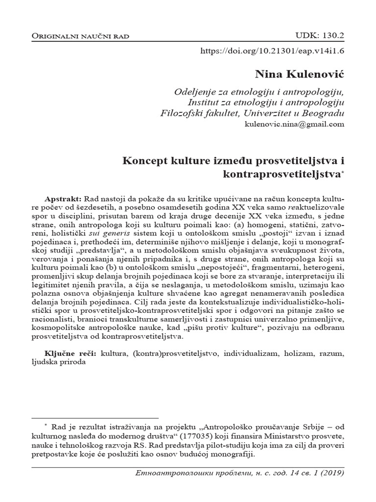 Koncept Kulture Između Prosvetiteljstva I Kontraprosvetiteljstva - Nina | PDF