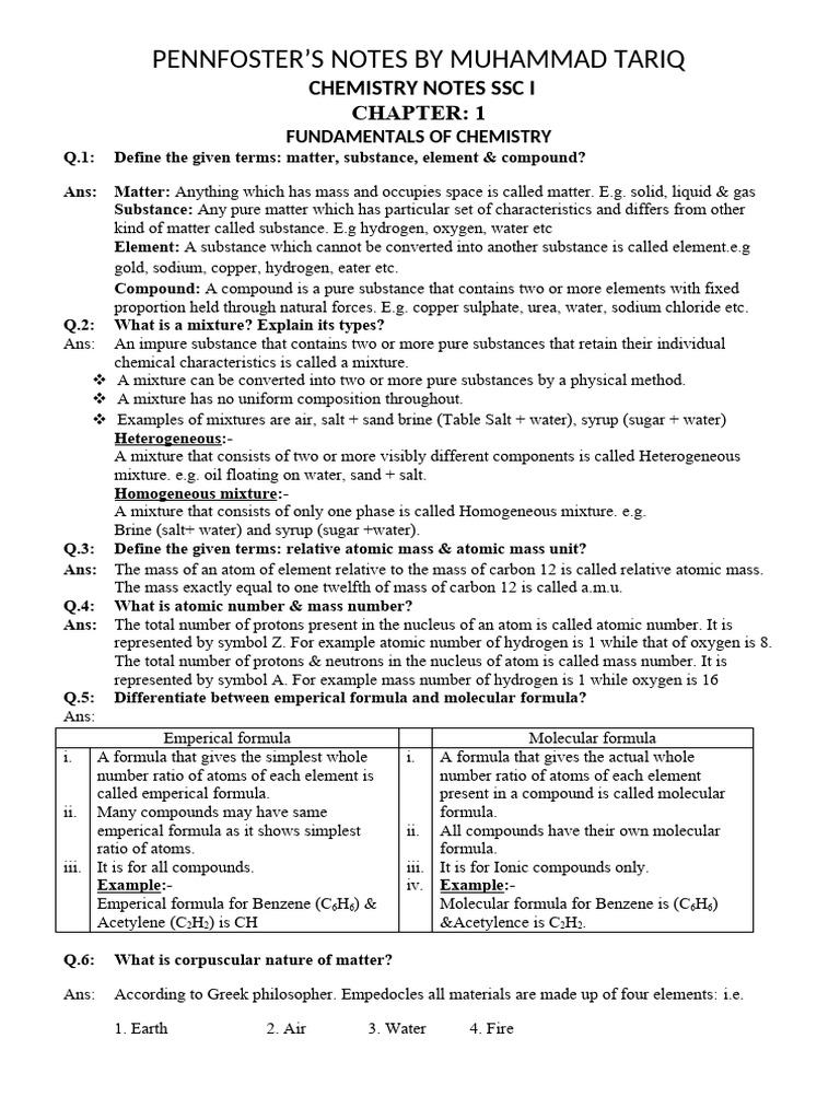 Chemistry Notes Class 9 Download Free Pdf Ion Mole Unit
