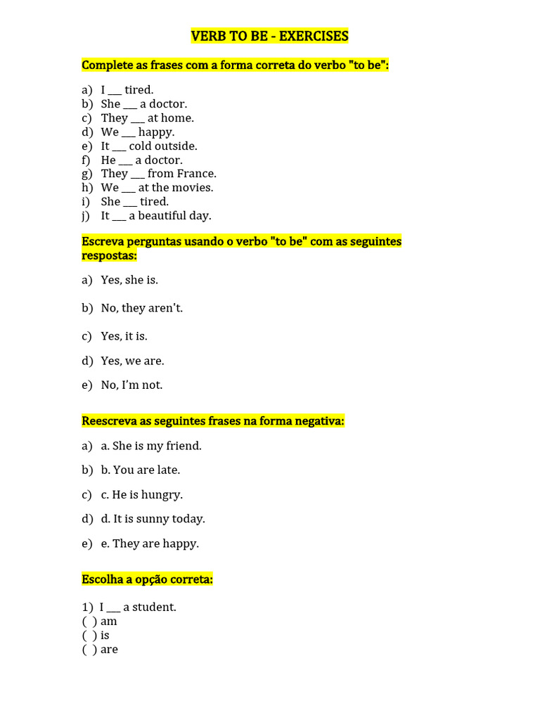 Verb To Be - Exercises | PDF