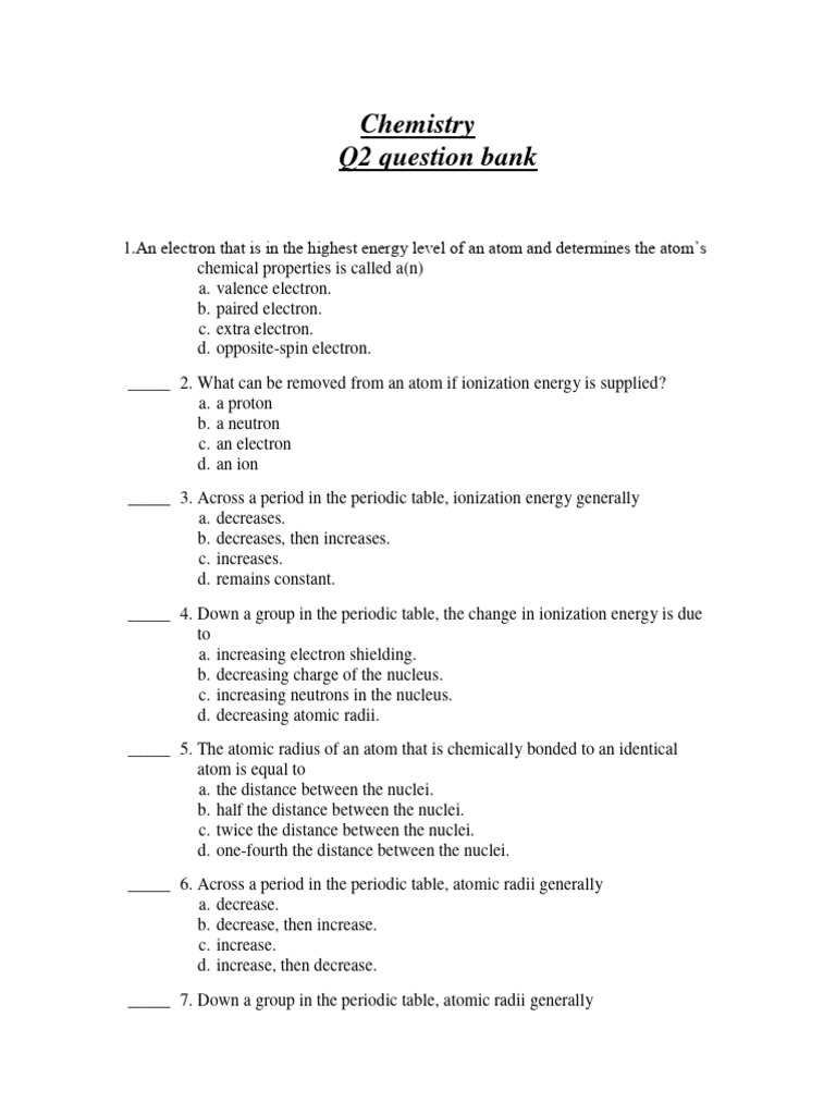 Chemistry Q2 Question Bank | PDF | Chemical Bond | Ion
