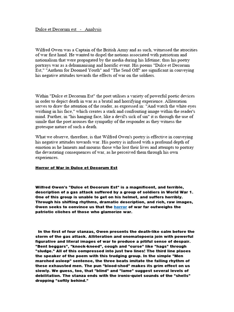 Analysis Dulce Et Decorum Est | PDF | Poetry