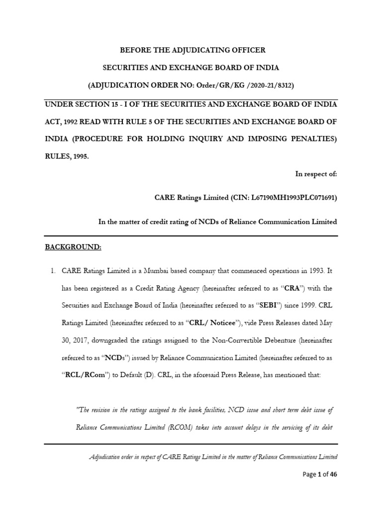 Adjudication Order in Respect of CARE Ratings Limited in The Matter of ...