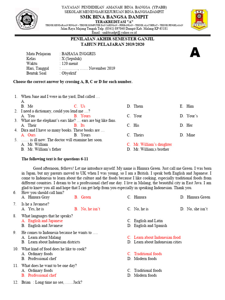 PAKET A Bahasa Inggris PAS Gasal 2019 | PDF