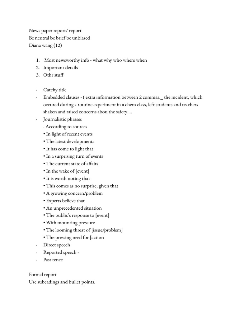 IGCSE Newspaper Report Guidelines | PDF