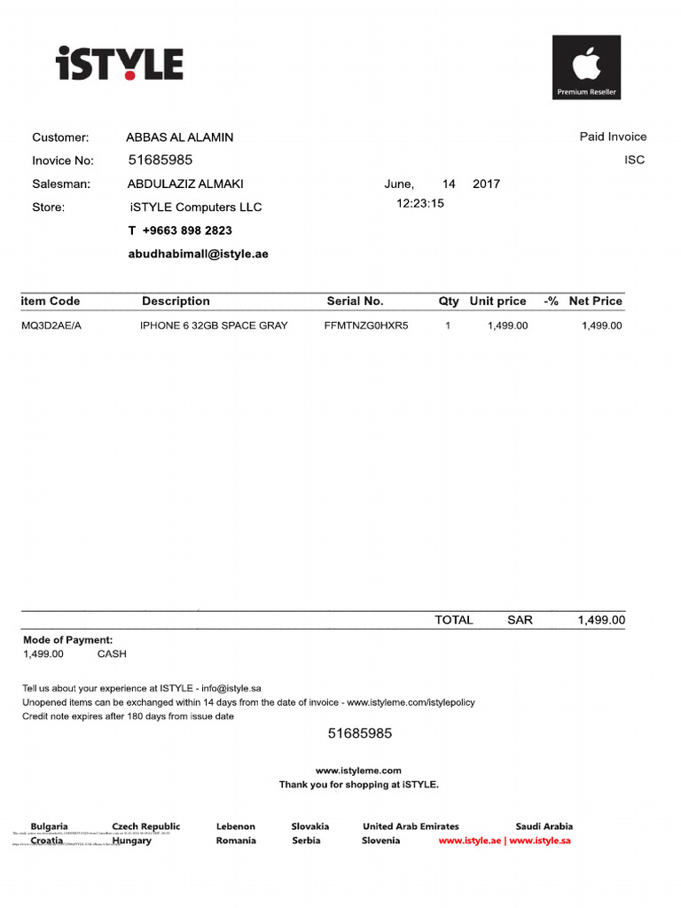 iSTYLE UAE iPhone 6 Invoice Details | PDF