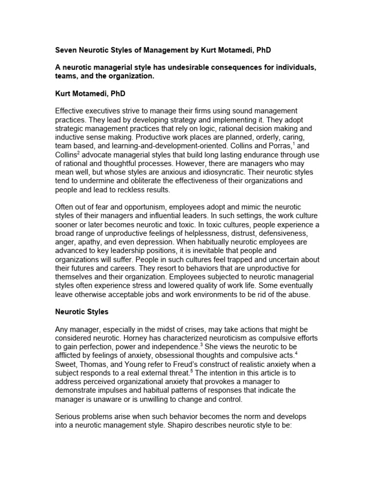 Neurotic Styles MGMT 112106 ND FINAL2 GBRWo Indents | PDF | Leadership | Strategic Management